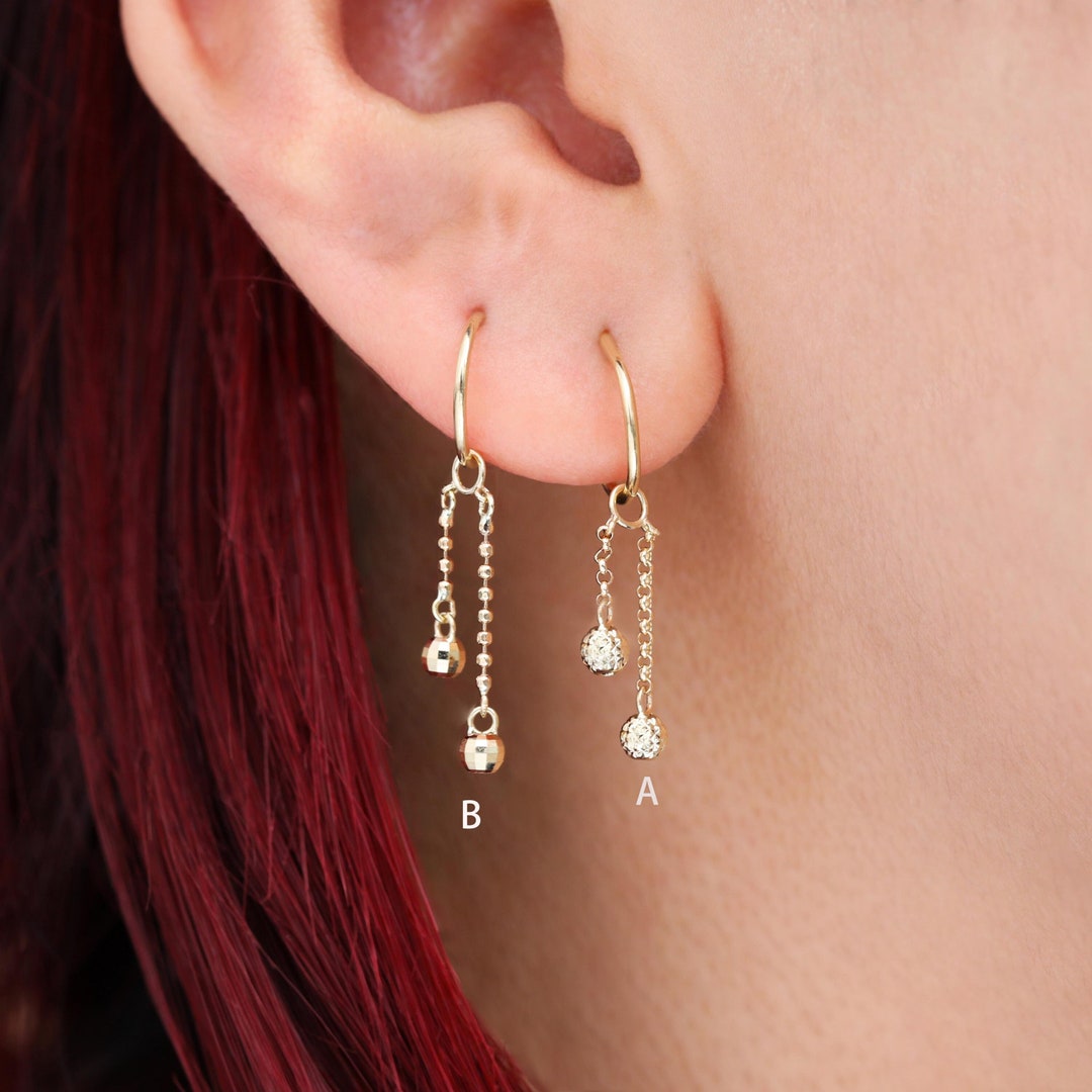 14k Solid Gold Dangle Ball Chain Charm Drop Diamond Cut Ball Rook Hoop ...