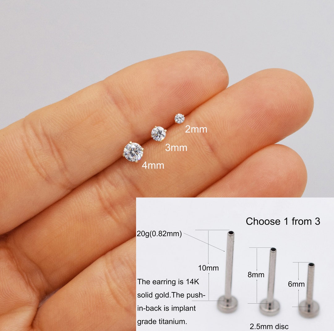 14k Solid Gold 2mm 3mm 4mm Solitaire Stone Threadless Push in Flat Back 6mm 8mm 10mm Labret ...