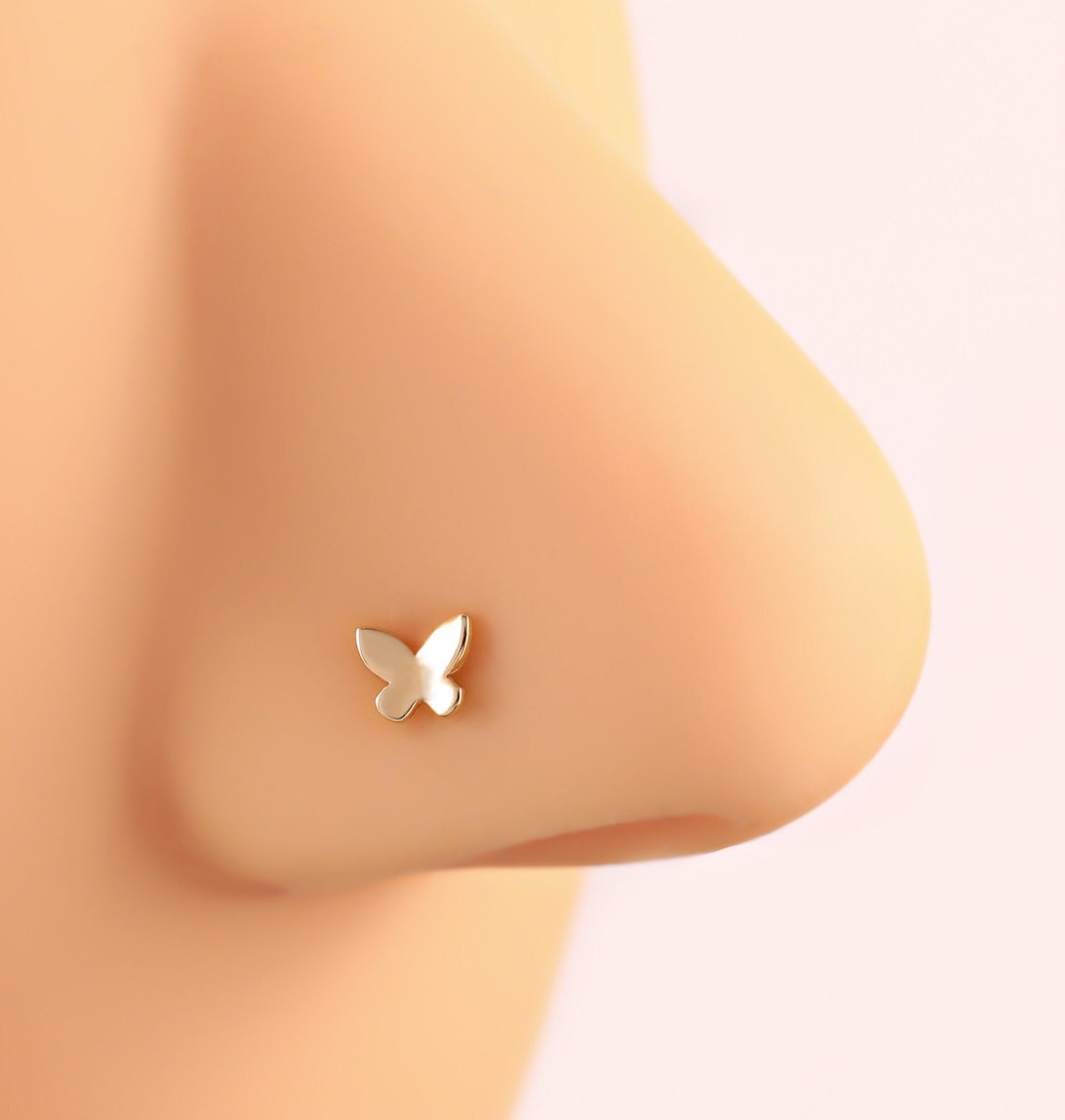 14k Solid Gold Butterfly Nose Stud, L Shaped Nose Ring, Gold L-shaped ...