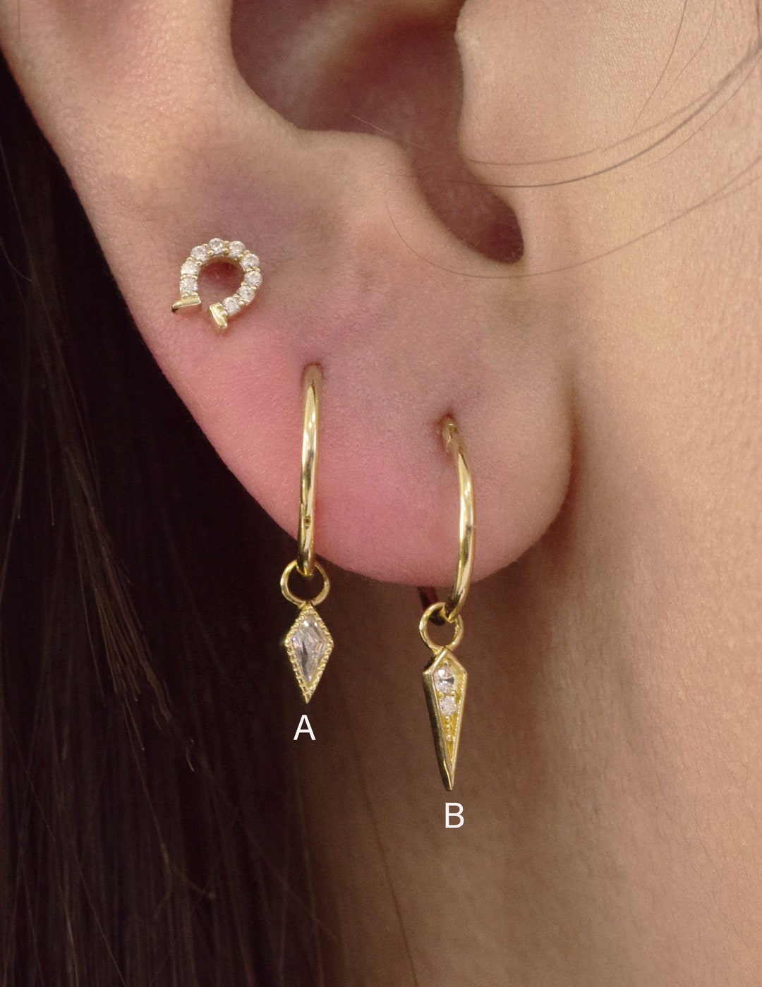 14K Solid Gold Dangle Rhombus Cartilage Hoop Charm Bezel Huggie Charm ...