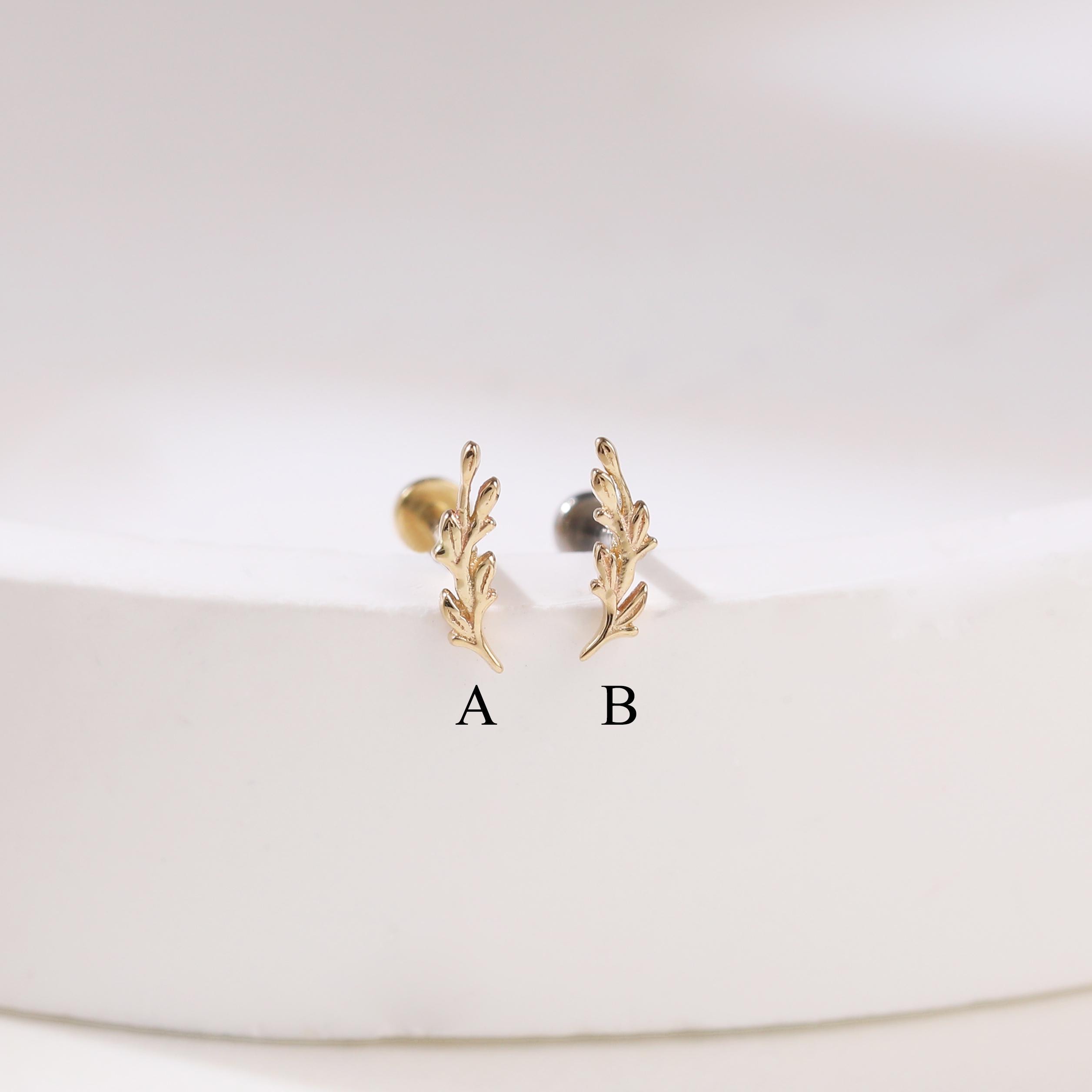 14k Solid Gold Tiny Leaf Helix Push Back Stud Olive Leaf Cartilage ...