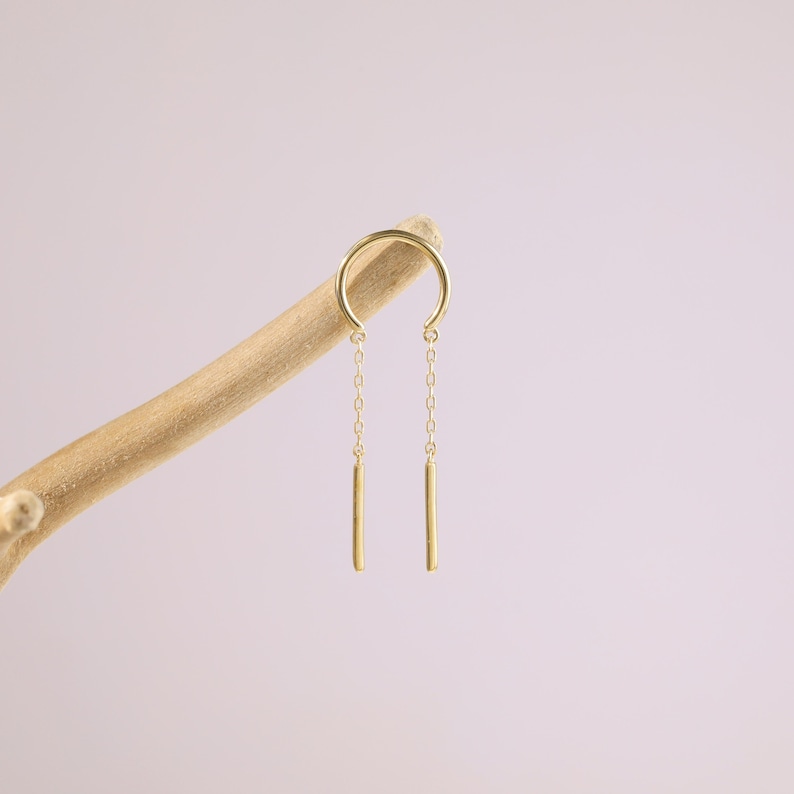 14k Solid Gold Dangle Chain Threader Chime Earring: Earwire Thread ...