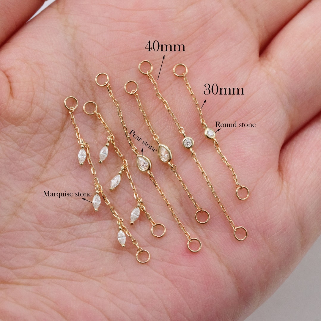 14K Solid Gold Chain Earring Jacket Fringe Dangle Chain Charm Accessory ...