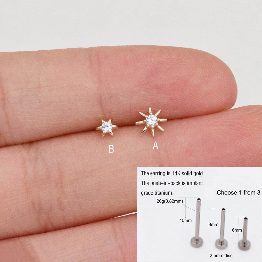 14k Solid Gold Tiny Sunburst Stud Earring Dainty Star Cartilage Earring ...