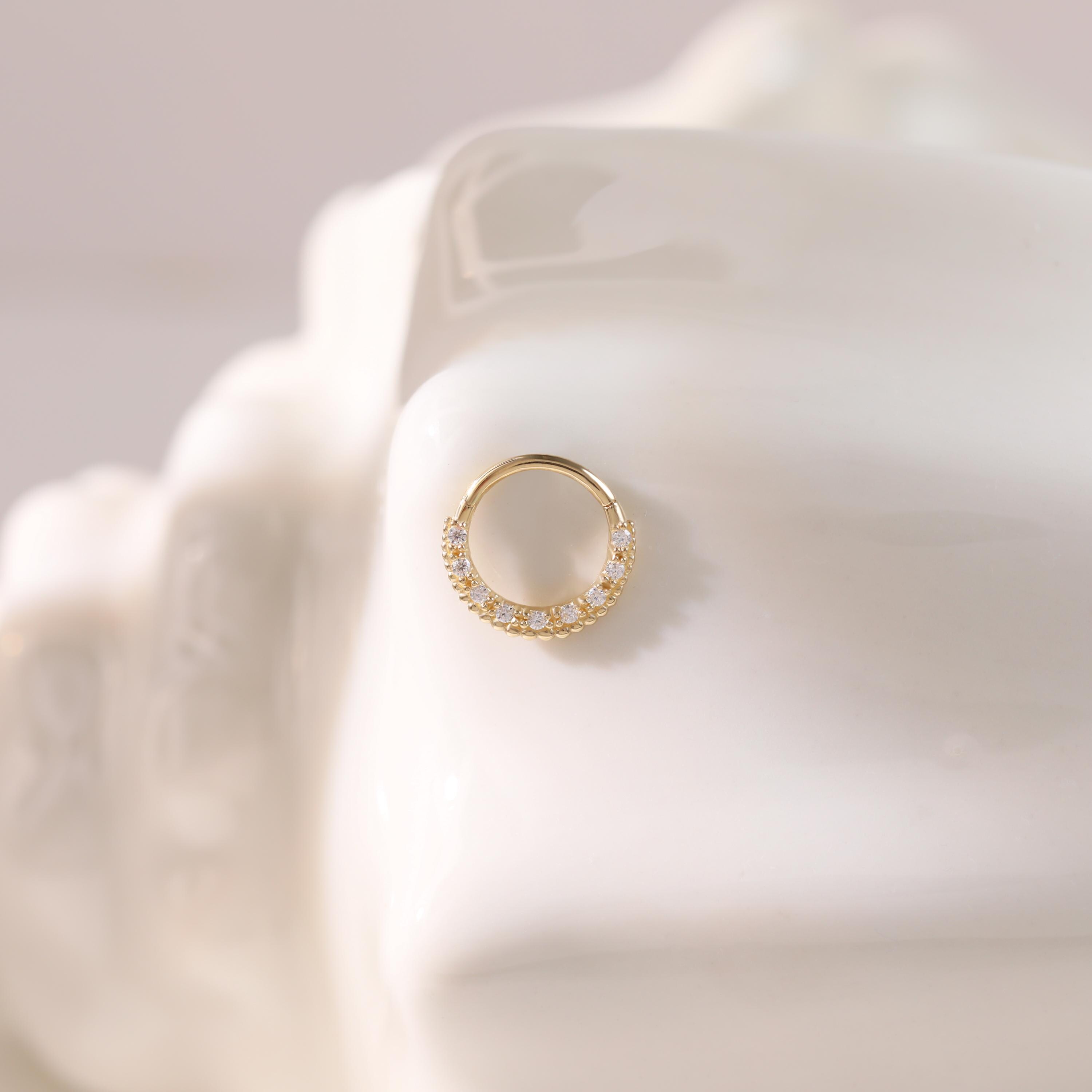 14k Solid Gold Beaded Diamond Cluster Daith Ring Clear CZ Septum Nose ...