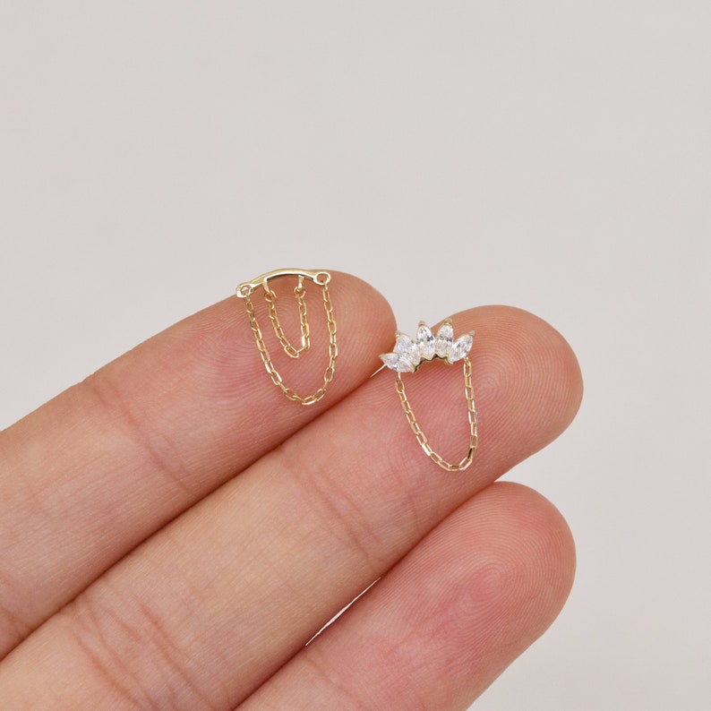 14k Solid Gold Cubic Crown Cartilage Stud Dangle Chain Stud - Etsy