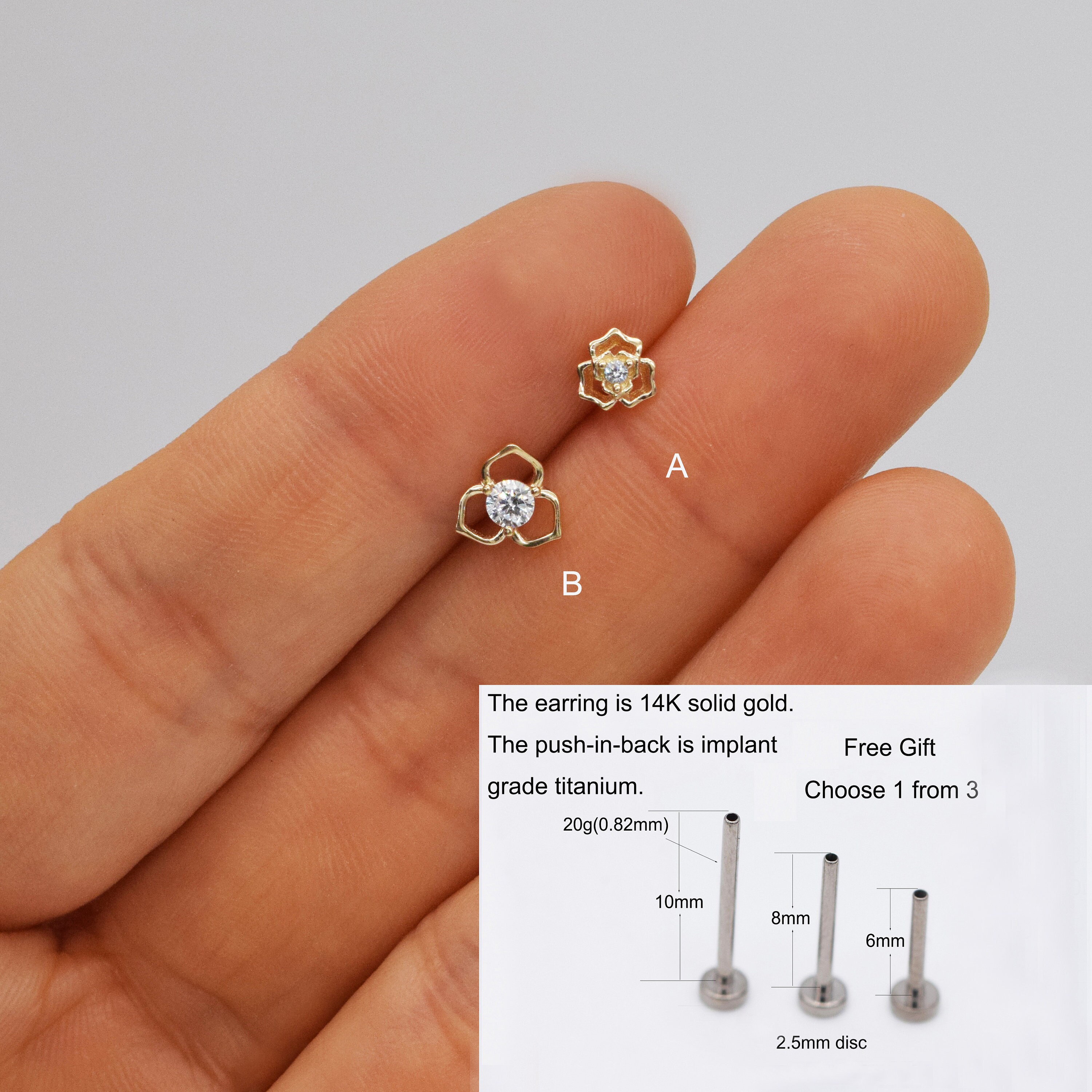 14k Solid Gold Flower Cartilage Gold Stud Earrings Conch - Etsy