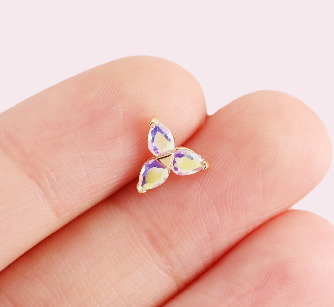 14K Solid Gold Colorful 3 Leaf Clover Stud Earring AB Coated Teardrop ...