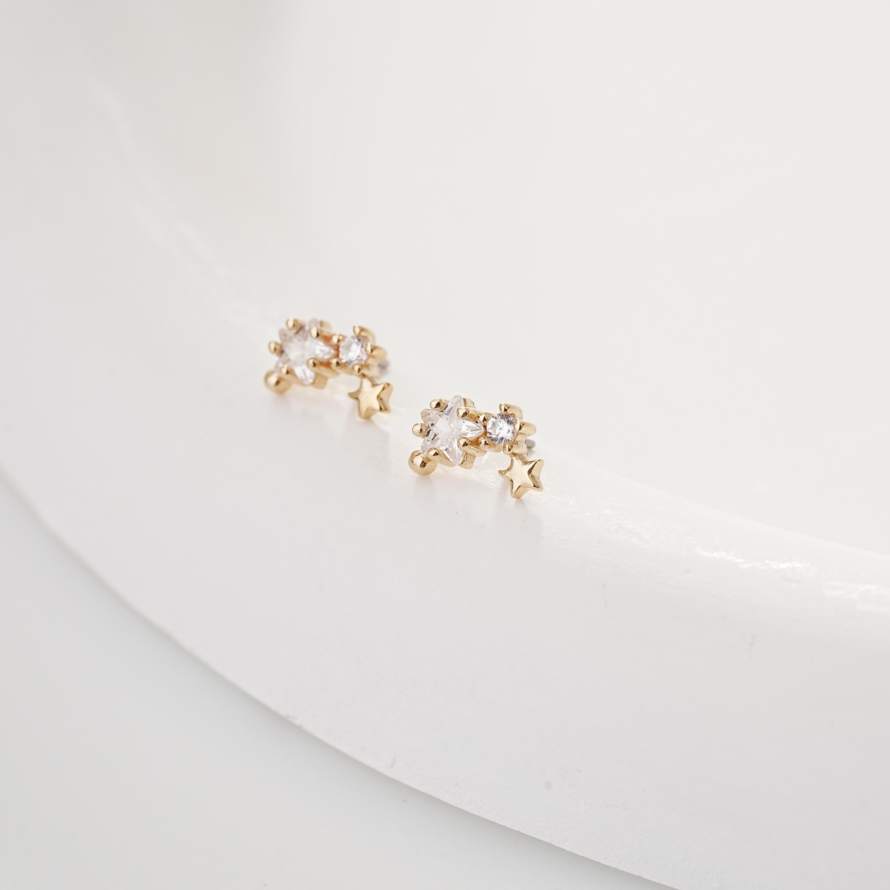 14k Solid Gold Star Helix Cluster Push Back, Star Gemstone Climber ...
