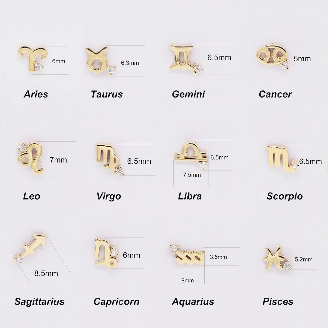 14k Solid Gold Zodiac Sign Stud Earring Dainty Zodiac Helix Stud Gold ...