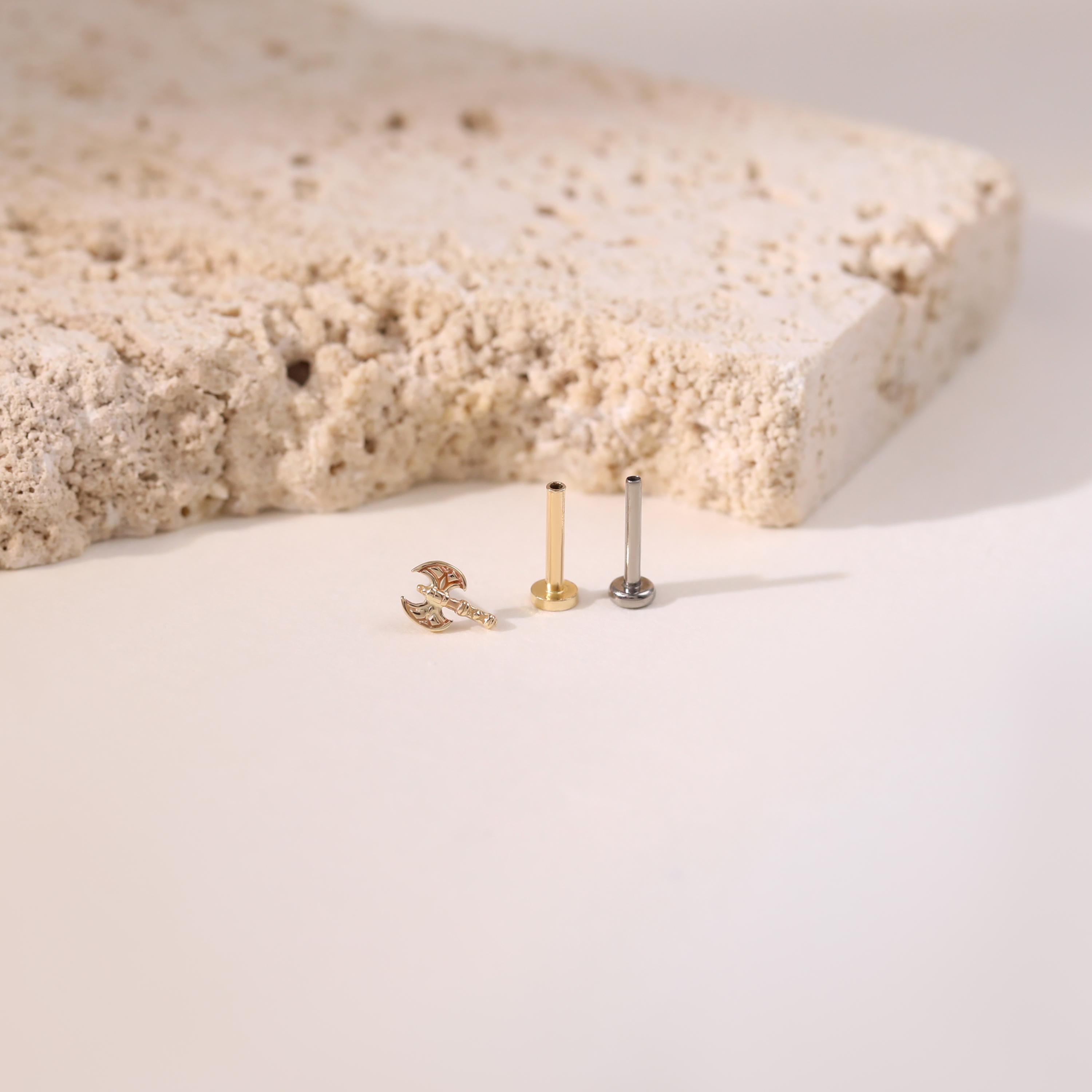 14k Solid Gold Double Headed Axe Helix Threadless Push Pin Stud Axe ...