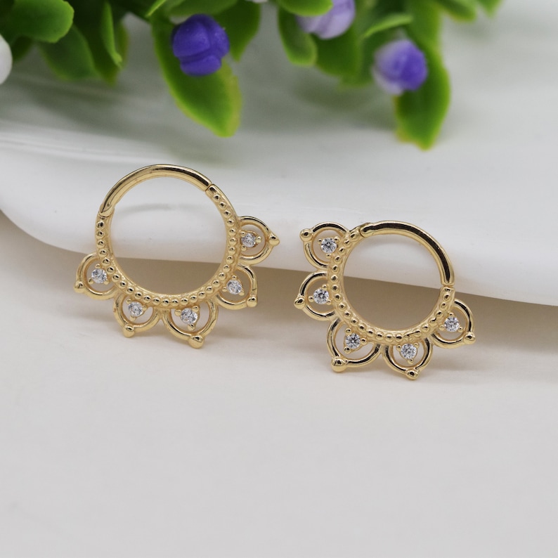 14k Solid Gold Flower Petal Beaded Effect Hinged Septum - Etsy