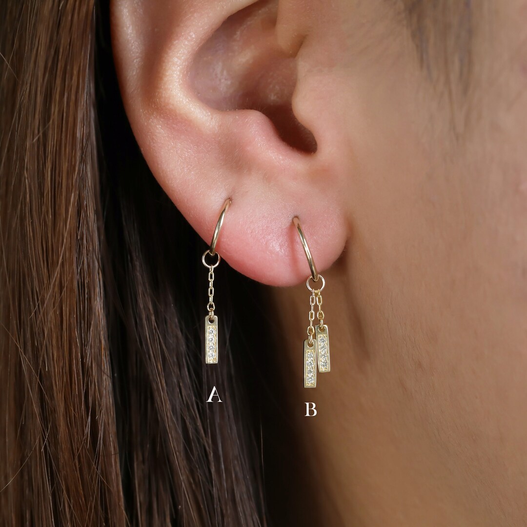 14K Solid Gold Dangle Bar Charm, CZ Bar Cartilage Hoop Charm, Daith ...