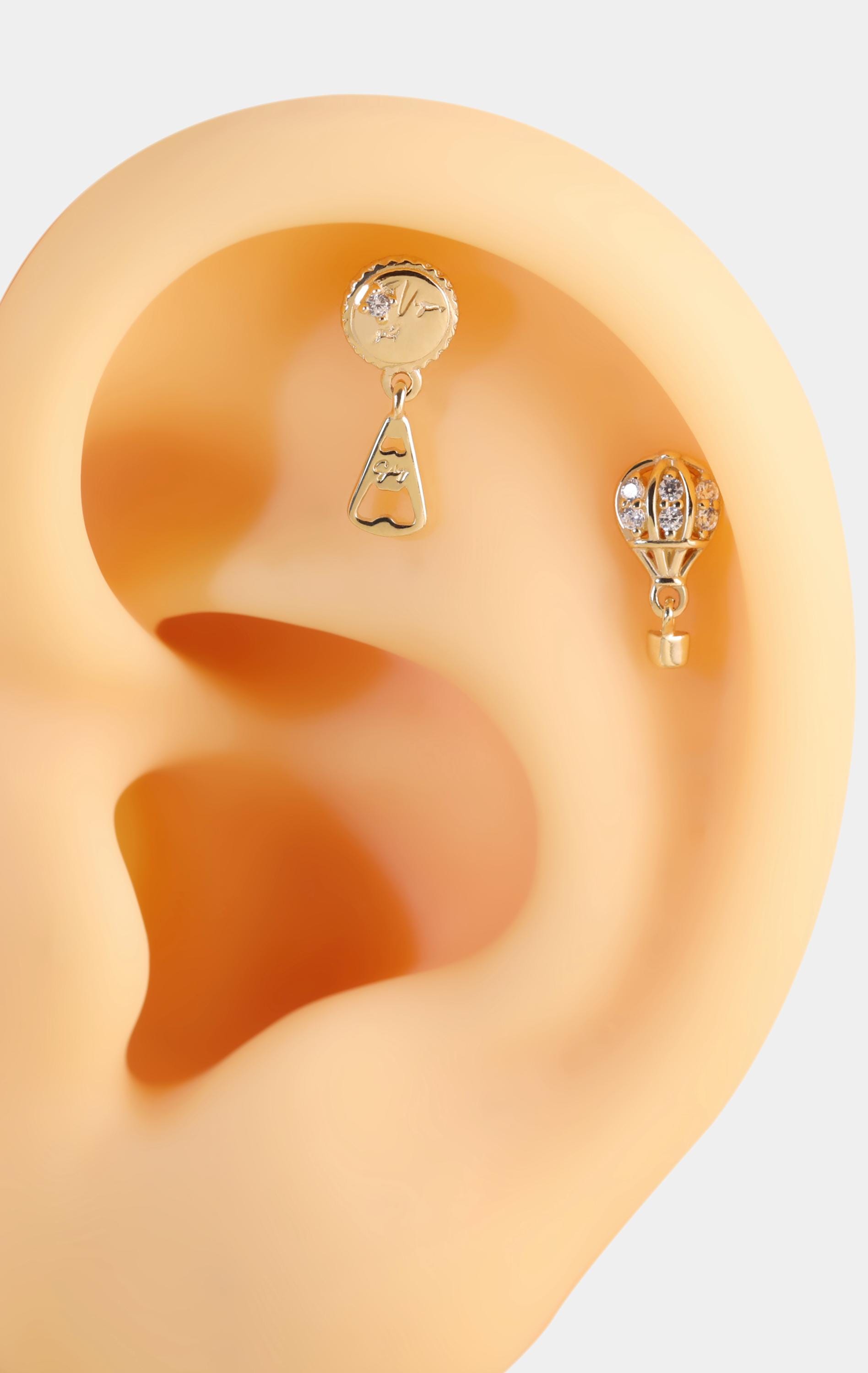14K Solid Gold Dangle Stud Earring, Hot Air Balloon Cartilage Earring ...