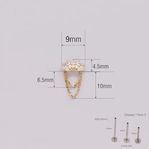 14k Solid Gold Double Chain Crown Cartilage Stud Dangle Chain Stud ...