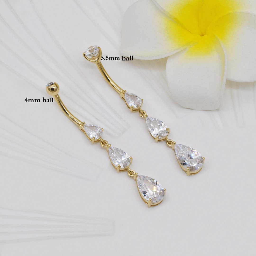 14k Solid Gold Dangle Teardrops Belly Button Ring Gold Clear CZ Navel ...