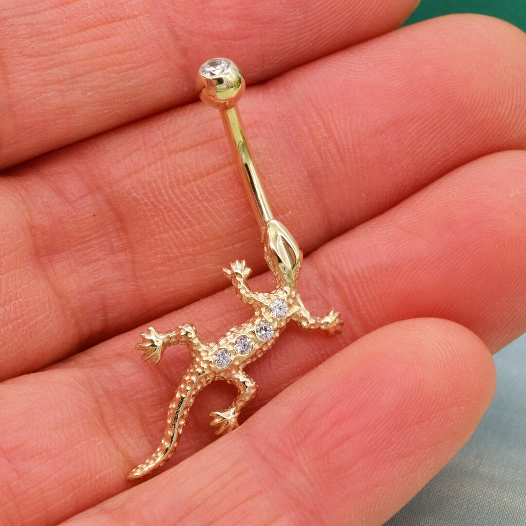 14k Solid Gold Gecko Lizard Belly Button Ring Belly Ring 14g Piercing ...
