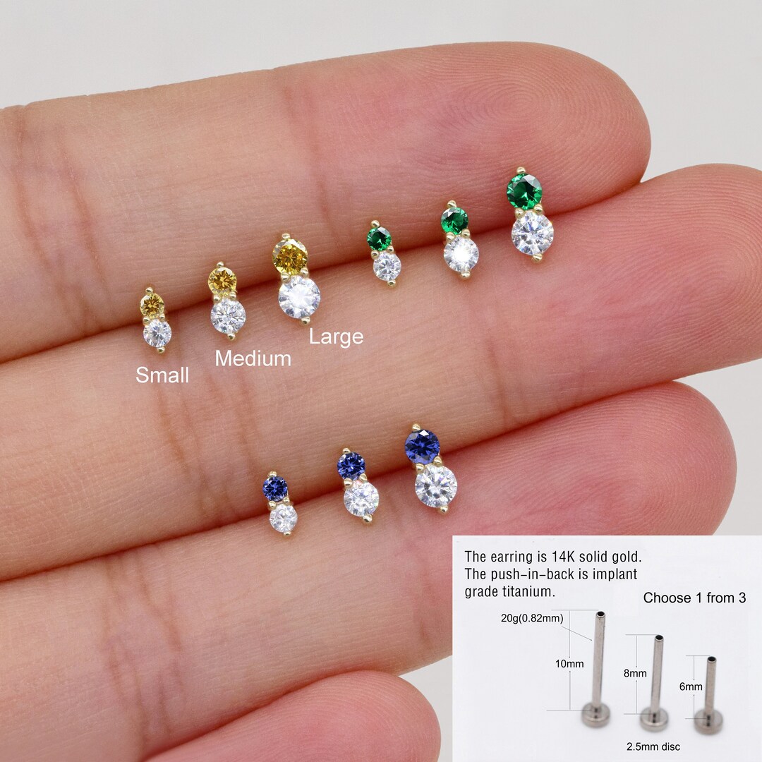 14k Solid Gold Multi-color Stone Stud Earring Dainty Color CZ Cartilage ...