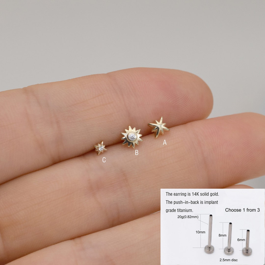 14k Solid Gold Sunburst Stud Earring Dainty Star Cartilage Stud Tiny Conch Stud Helix Stud ...