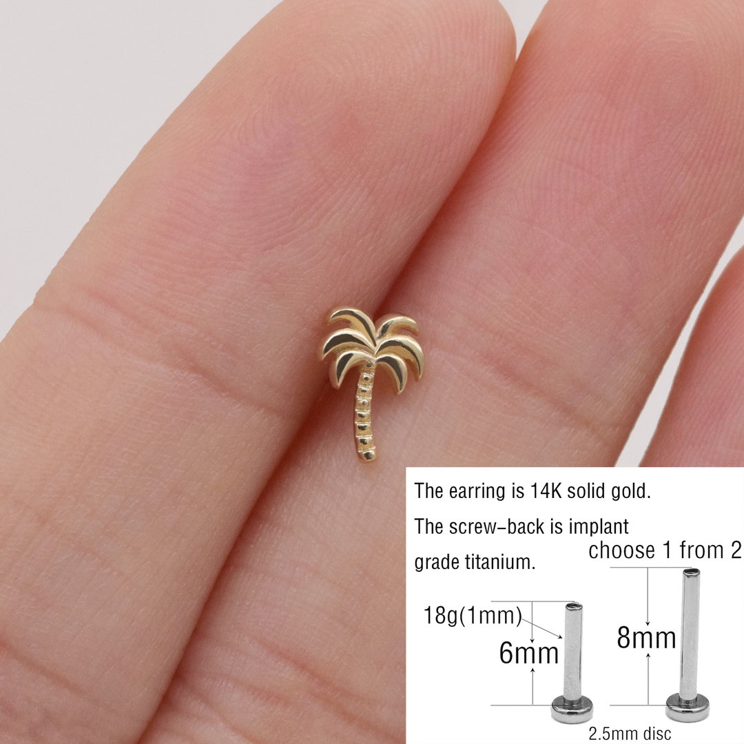 14k Solid Gold Palm Tree Stud Earring Delicate Plant Internally Threaded Cartilage Stud Conch ...
