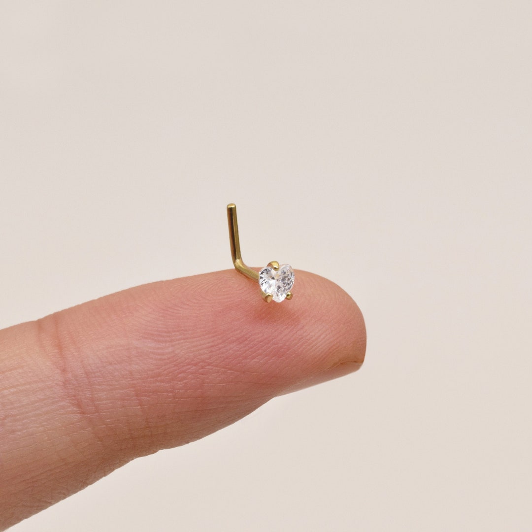 14k Solid Gold Heart Stone Nose Stud L Bend Nose Ring Shiny Stone Nose ...