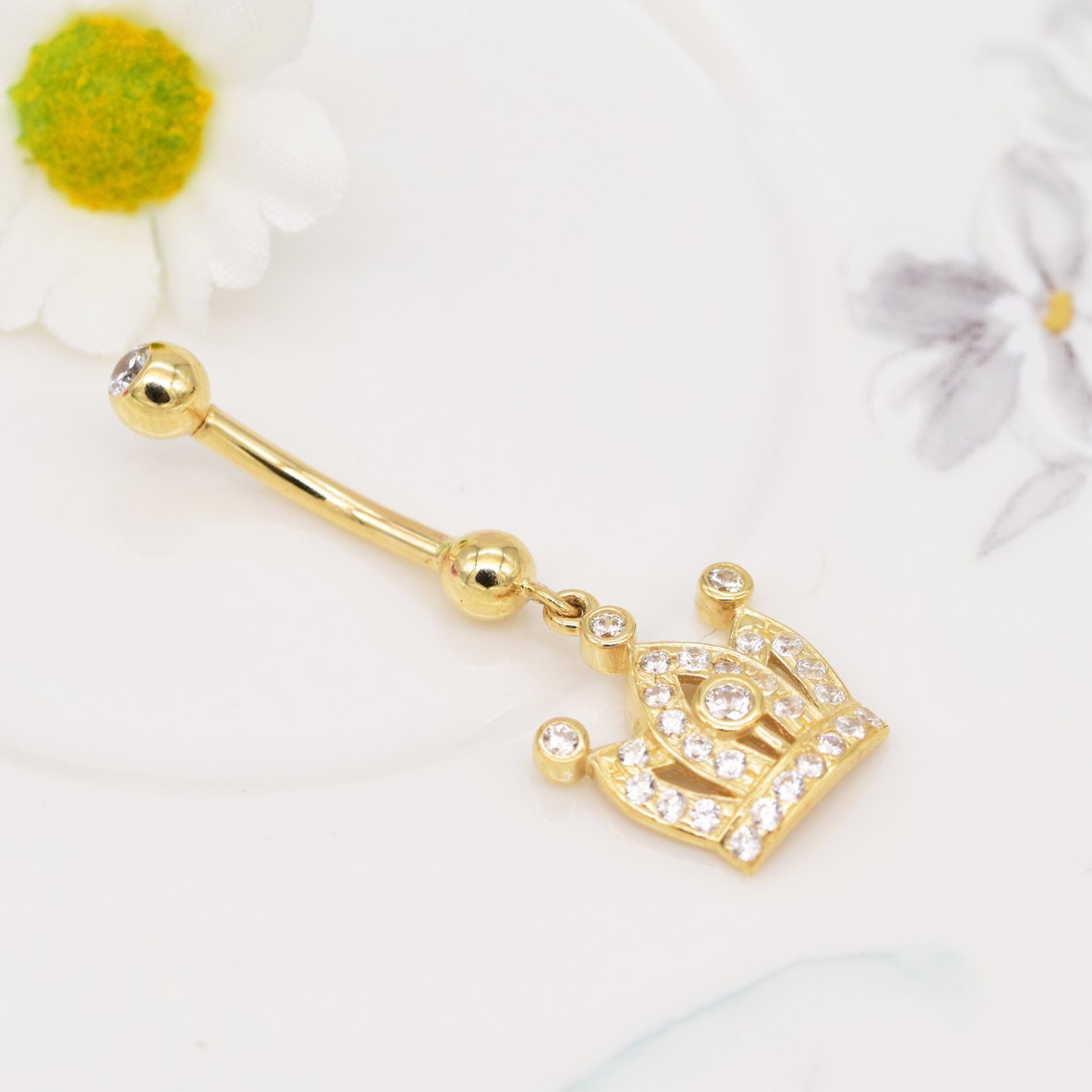 14k Solid Gold Crown Belly Button Ring Crown Dangle Navel Ring | Etsy