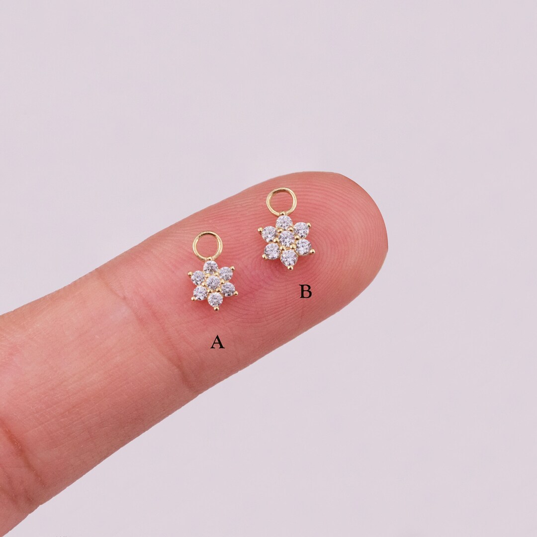 14K Solid Gold Tiny Flower Hoop Earring Charm Flower Cartilage Charm ...