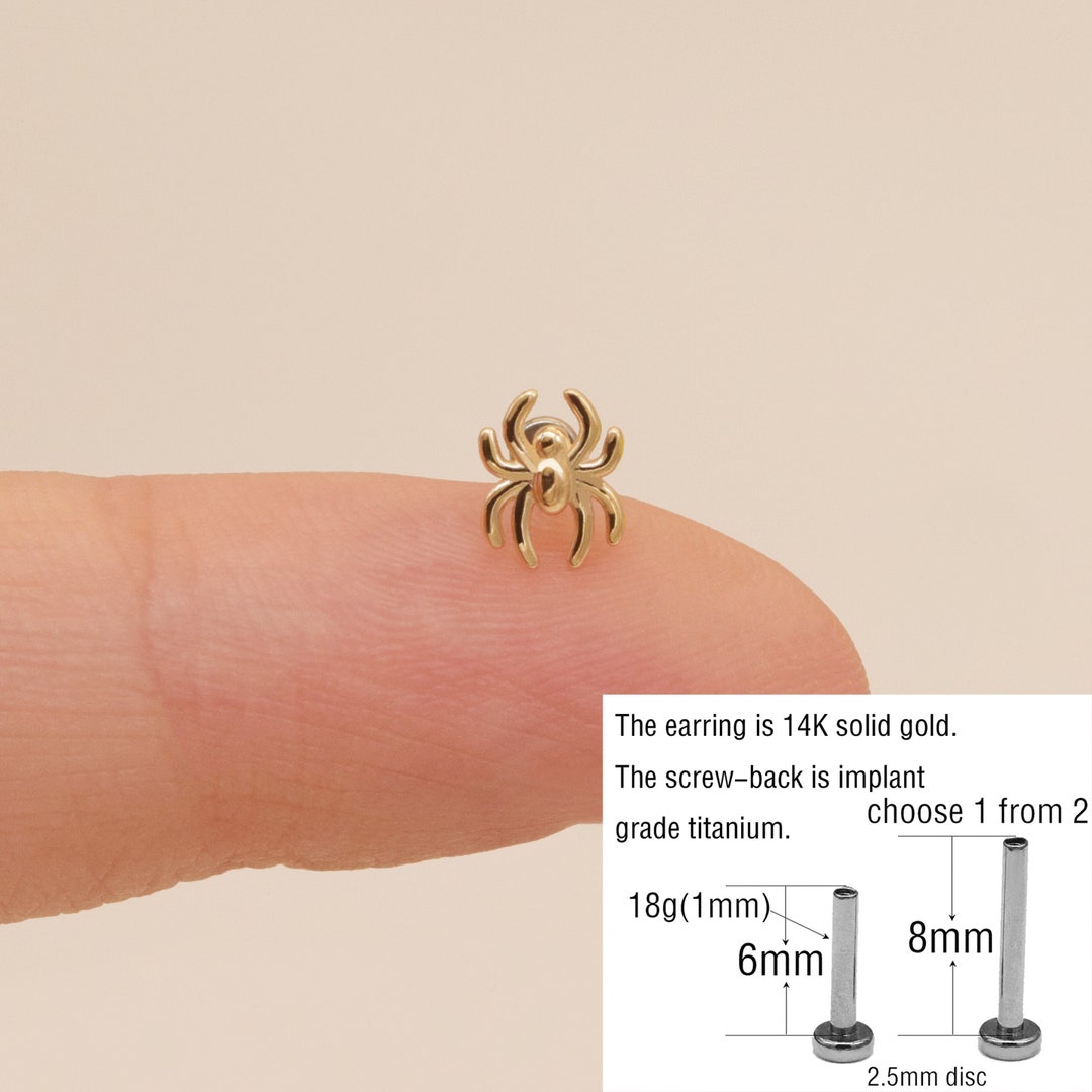 14k Solid Gold Spider Screw Flat Back Stud Tiny Gold Spider Helix ...
