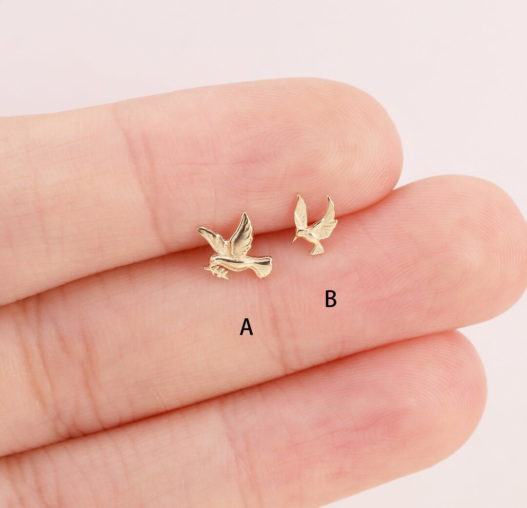 14K Solid Gold Peace Dove Cartilage Earring Hummingbird Stud Earring Cartilage Stud Earring ...