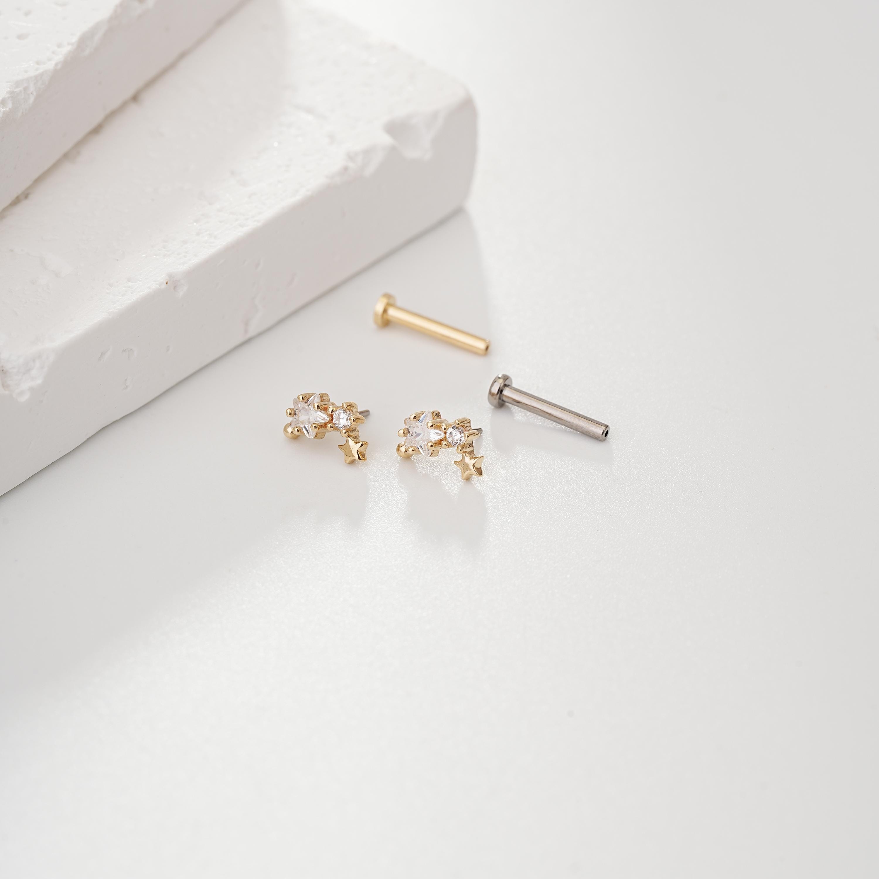 14k Solid Gold Star Helix Cluster Push Back, Star Gemstone Climber ...