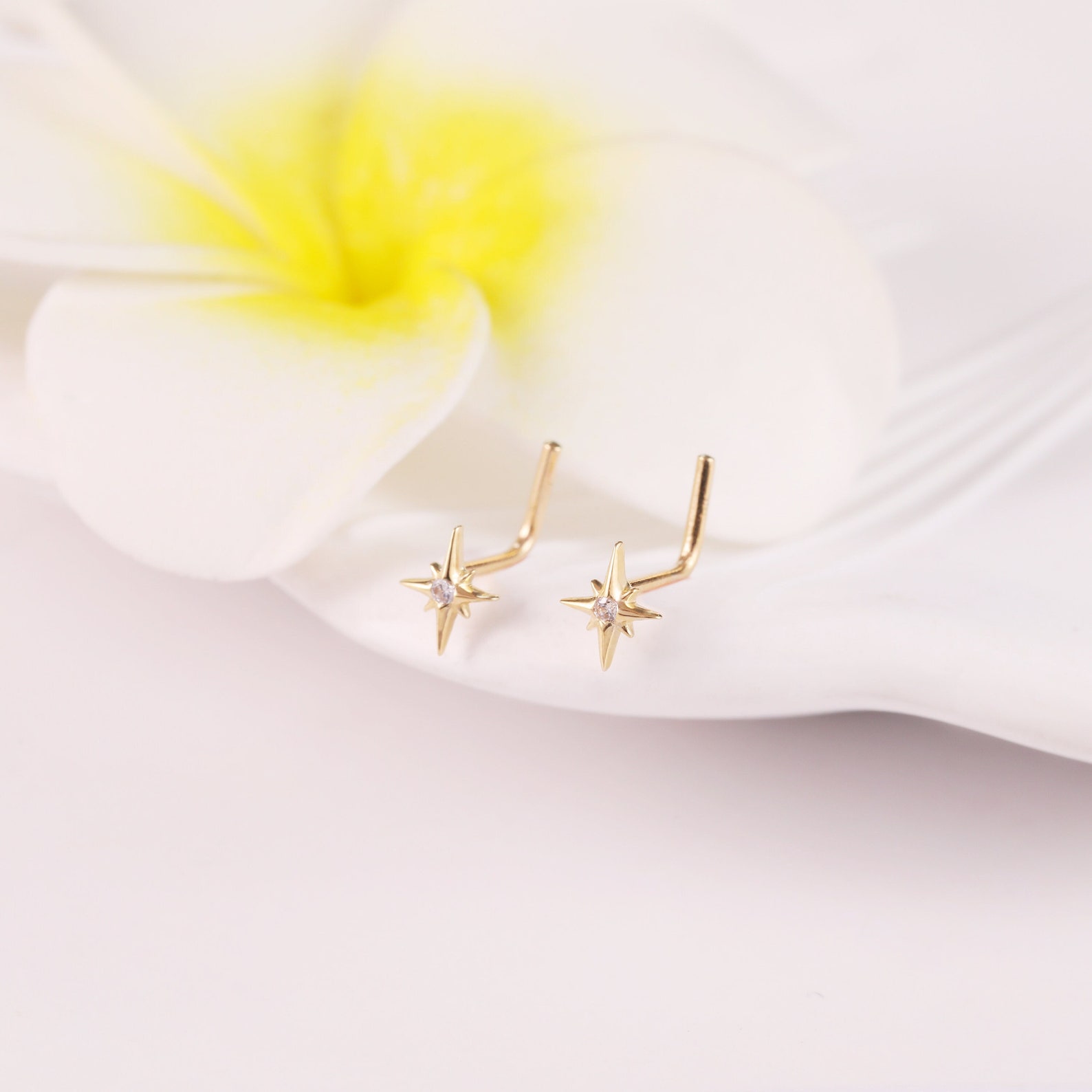 14k Solid Gold Starburst Nose Stud, L Shaped Nose Ring, Gold Nose Pin ...