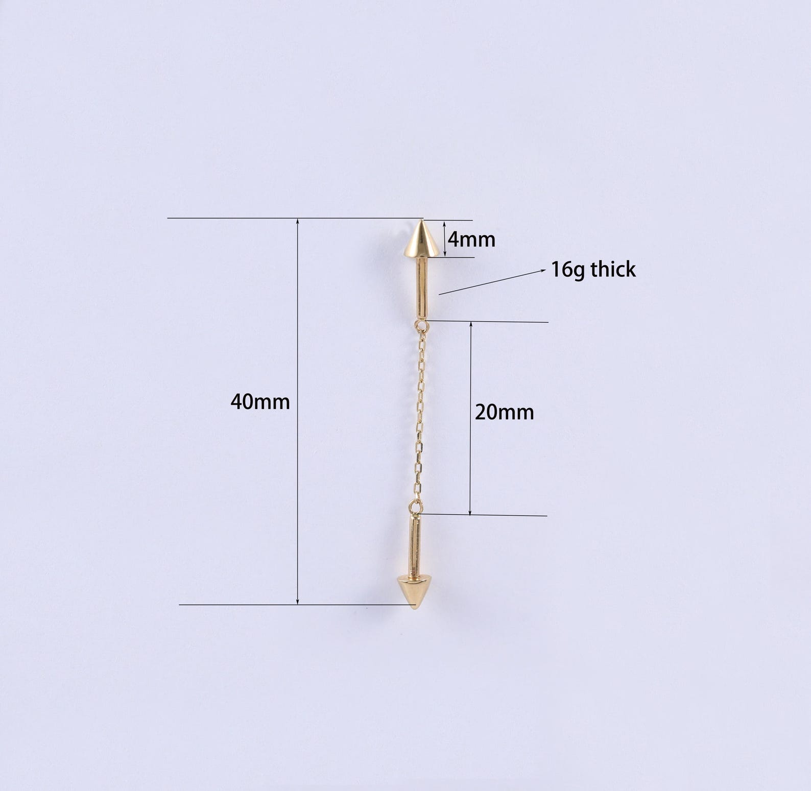 14k Solid Gold Cone Spike Industrial Chain Earring Externally Threaded ...