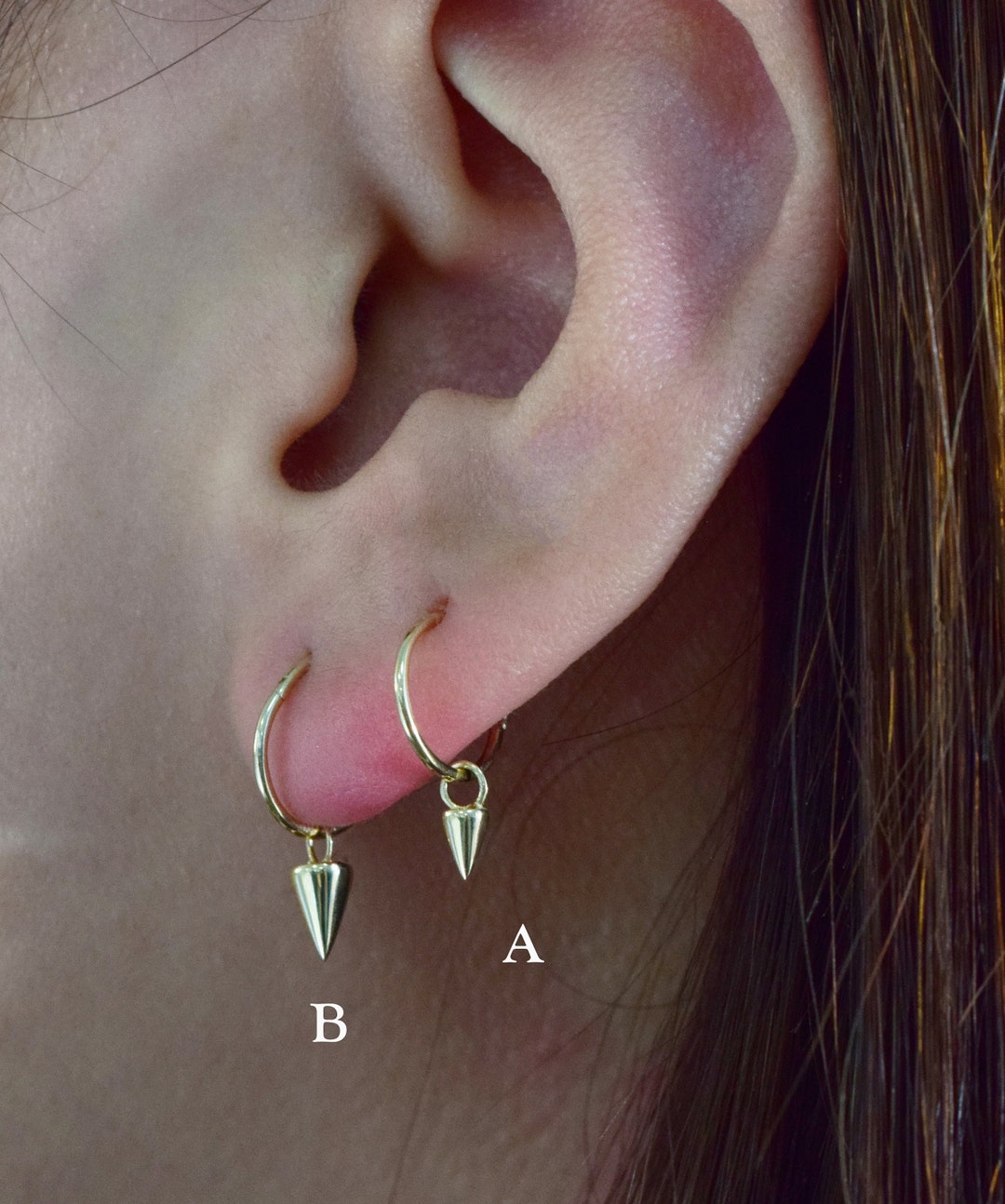 14K Solid Gold Dangle Spike Cartilage Hoop Charm Spike Huggies Charms Mini Charm Hoop Daith ...