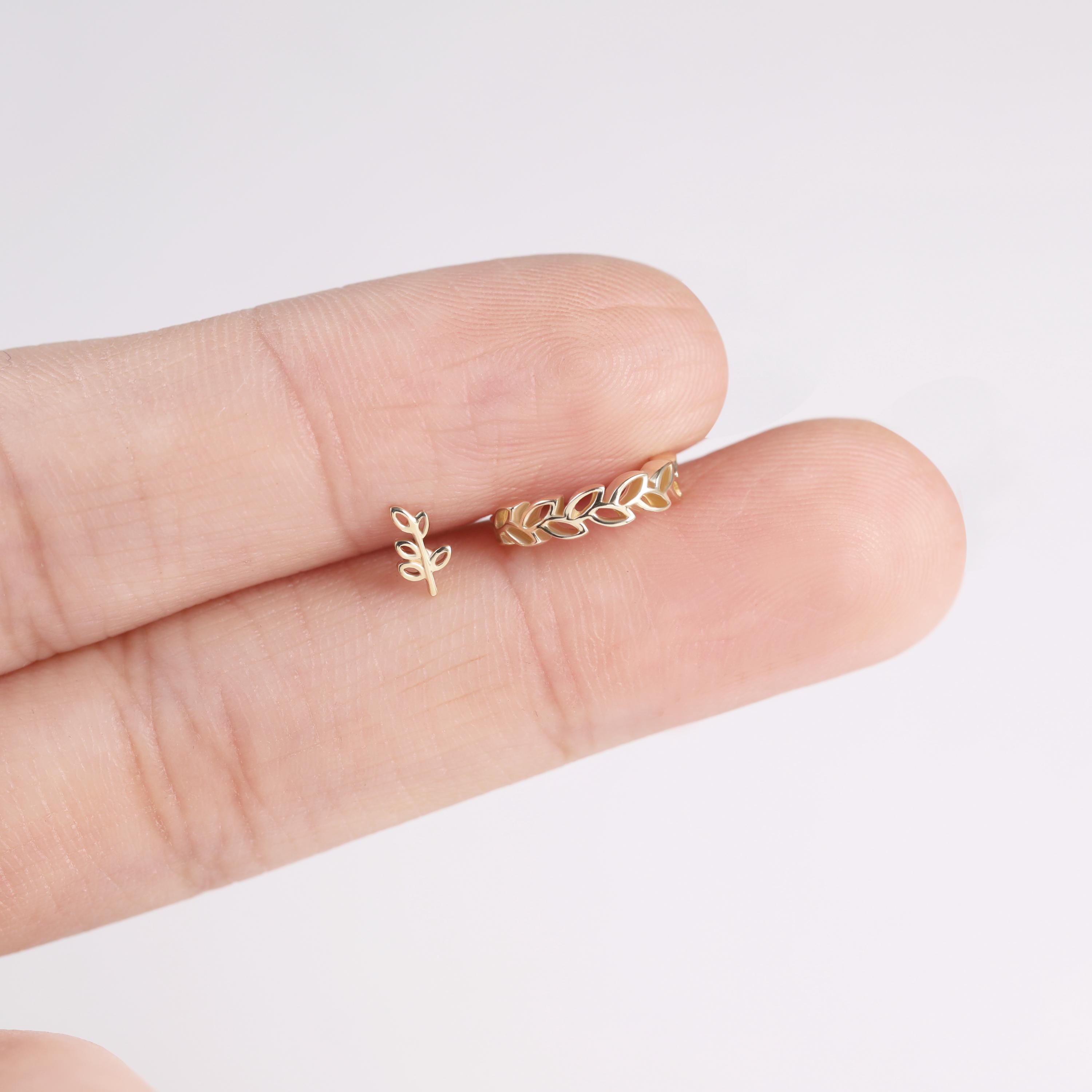 14k Solid Gold Tiny Leaf Helix Tragus Push Back Stud, Gold Seamless ...