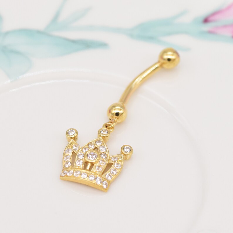14k Solid Gold Crown Belly Button Ring Crown Dangle Navel Ring | Etsy