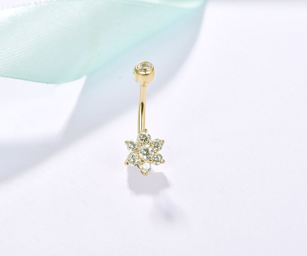 14k Solid Gold Diamond Flower Belly Button Ring Gold Clear CZ ...