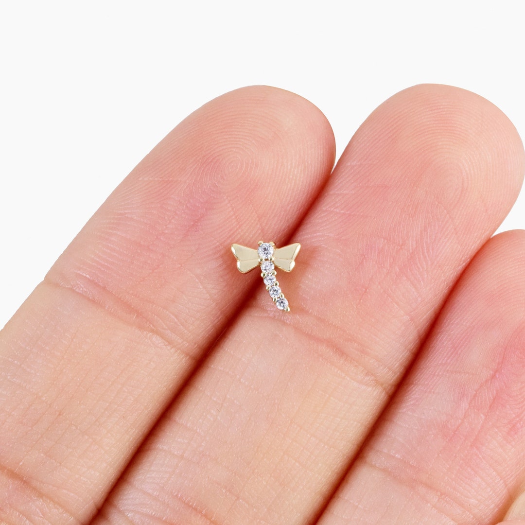 14k Solid Gold Dragonfly Tragus Piercing, Threadless Push in Labret Stud, Gold Cartilage Earring ...