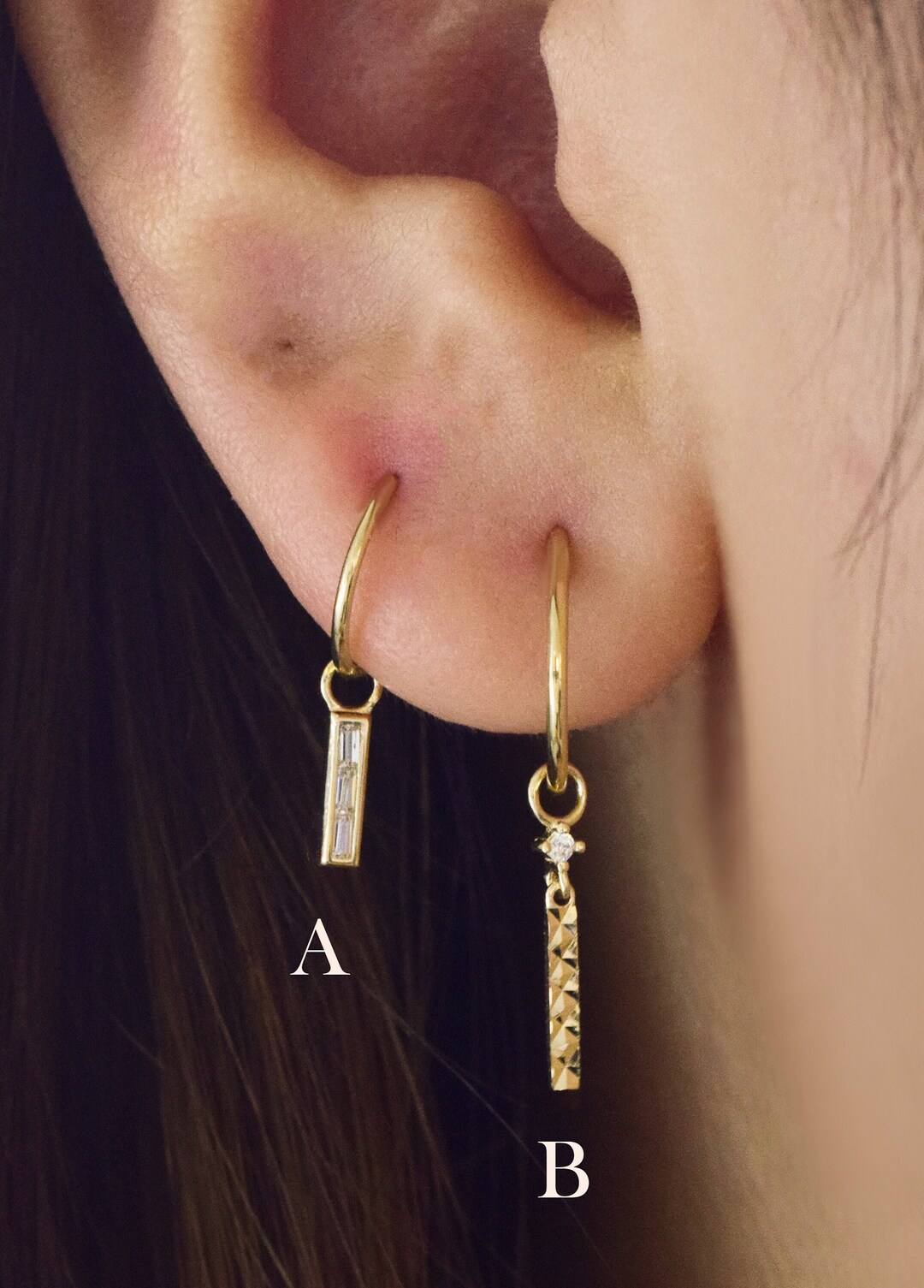 14K Solid Gold Dangle Bar Charm Diamond Cut Bar Rook Hoop Cartilage ...