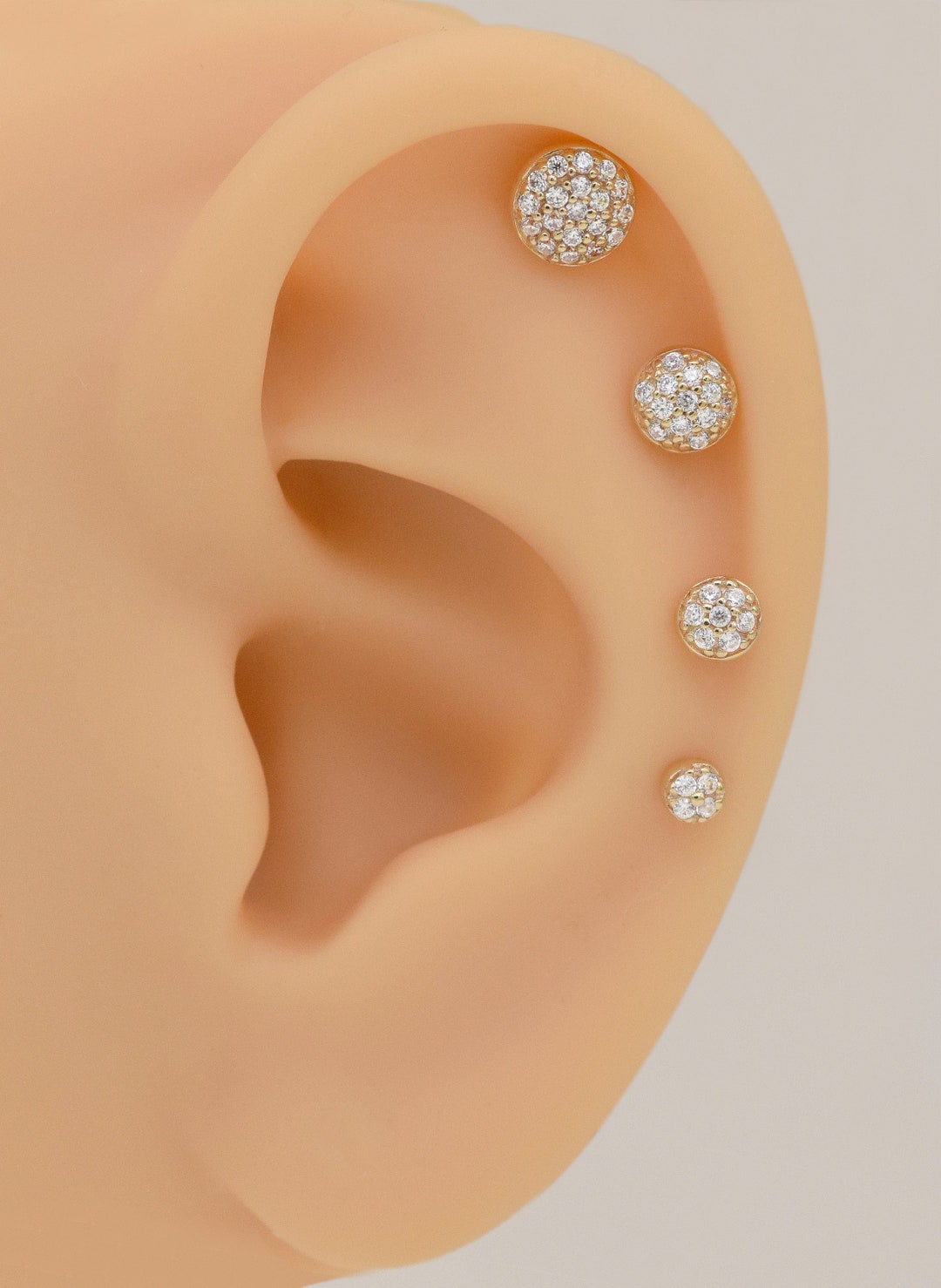 14k Solid Gold Round Pave Cluster Cartilage Stud Earring Conch Earring Tiny Stud Earring Helix ...