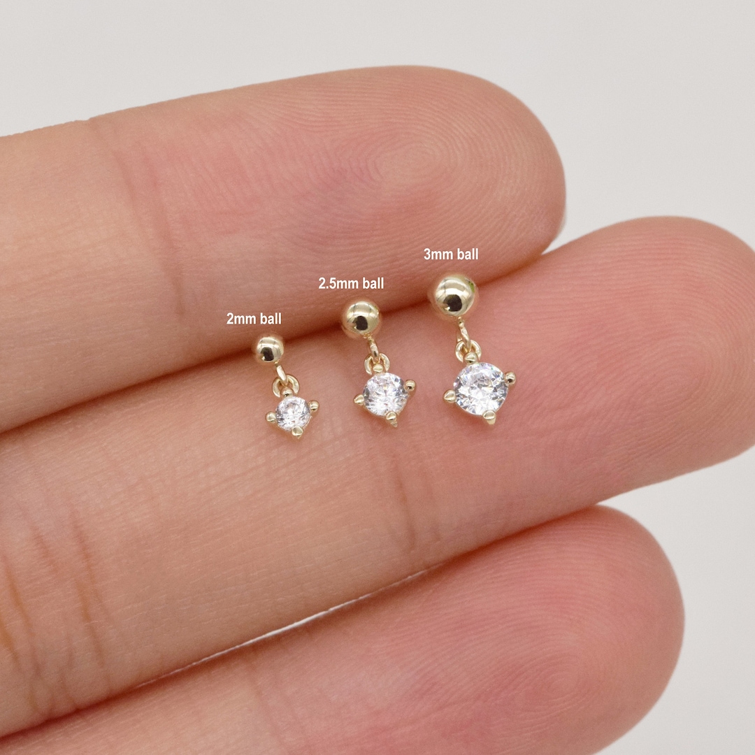 14k Solid Gold Ball Dangle Stud Earring Dainty Clear Stone Drop Stud ...
