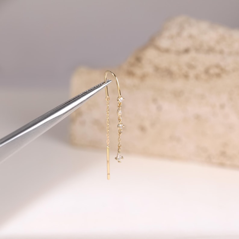 14k Solid Gold Dangle Diamond Ear Line Threader, Starlight Diamond ...