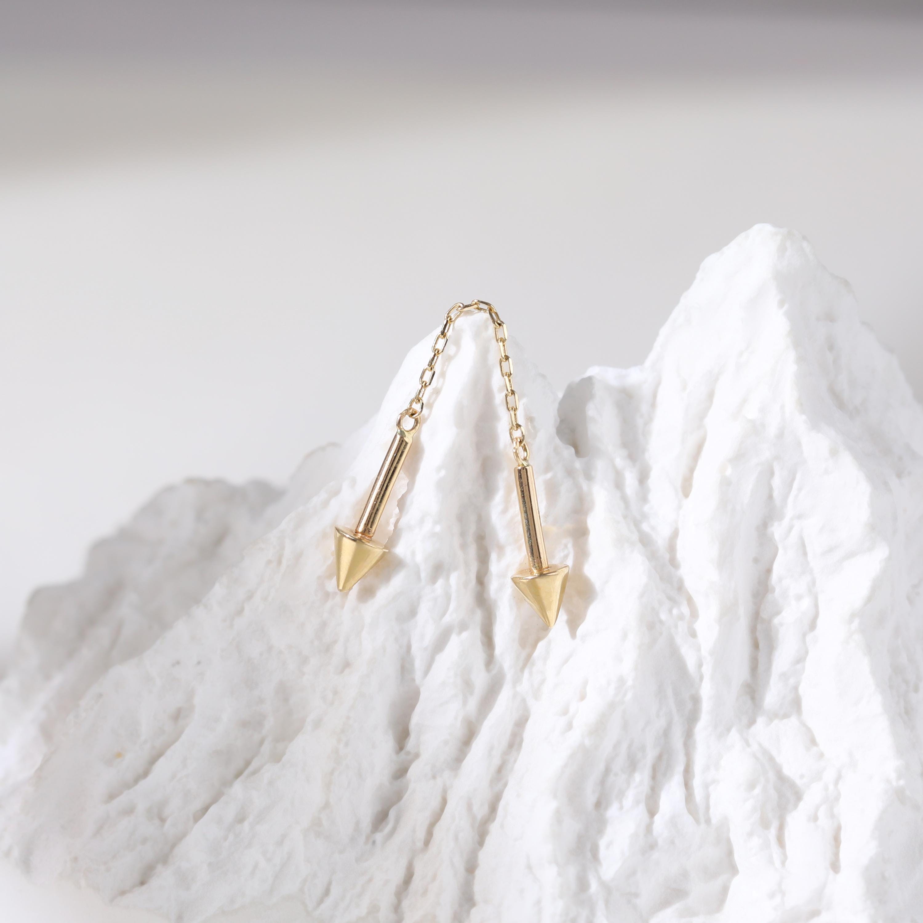 14k Solid Gold Cone Spike Industrial Chain Earring Externally Threaded ...