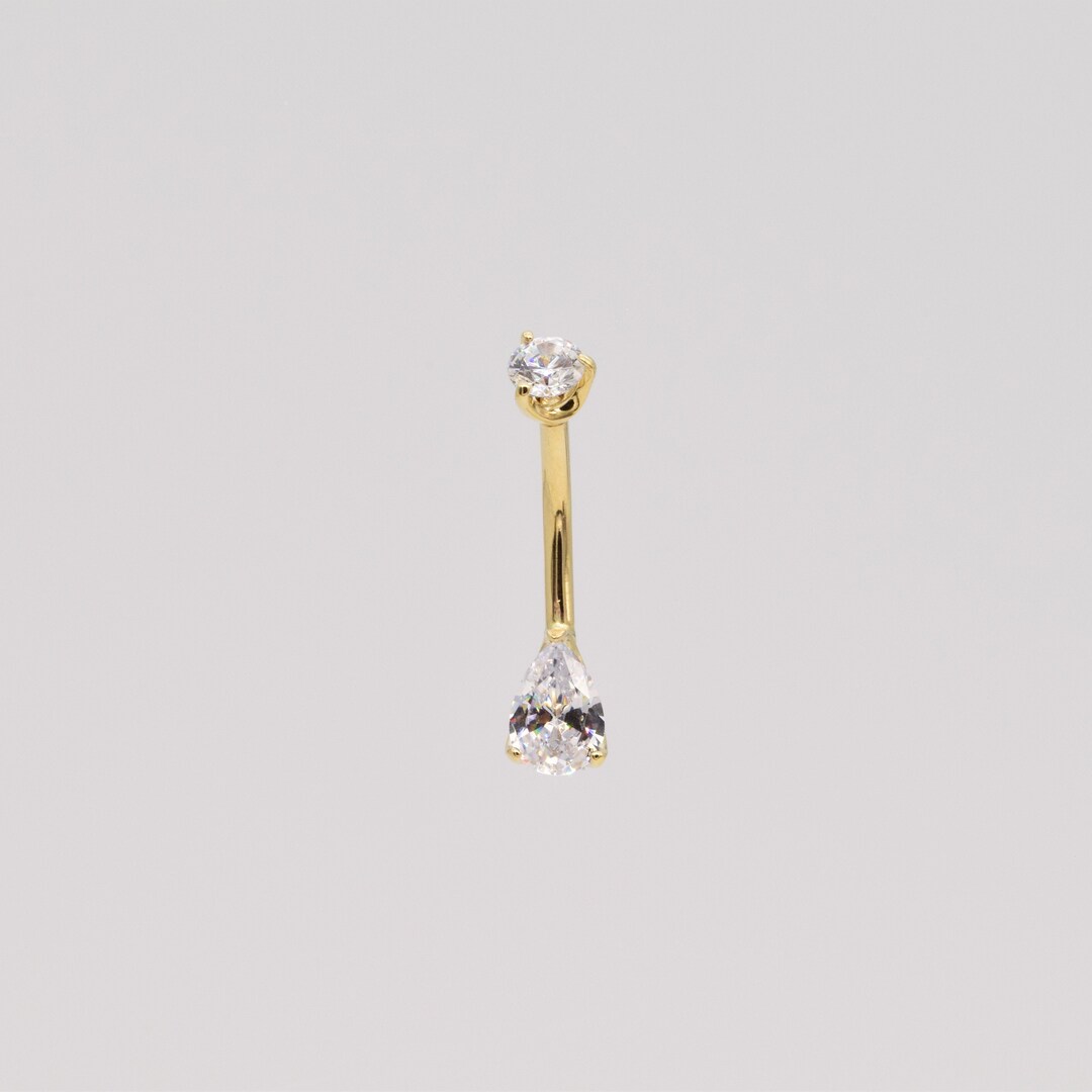 14k Solid Gold Belly Button Ring Navel Piercing Round Shape Two Stones ...