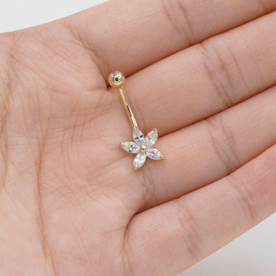 14k Solid Gold Flower Belly Button Ring Navel Piercing Marquise Stone ...
