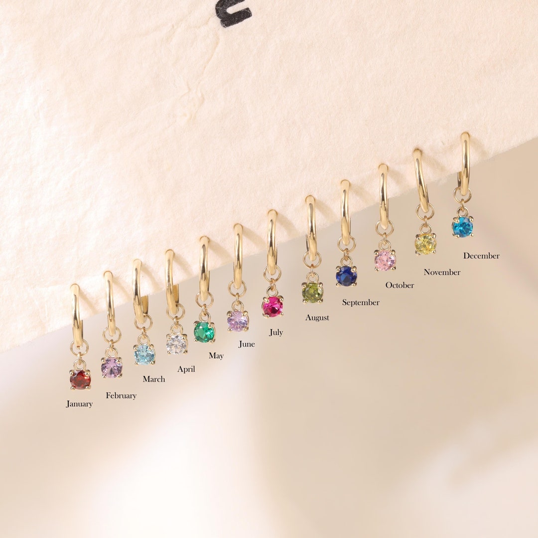 14K Solid Gold Round Birthstone Hoop Charm Dangle Birthstone Pendant ...