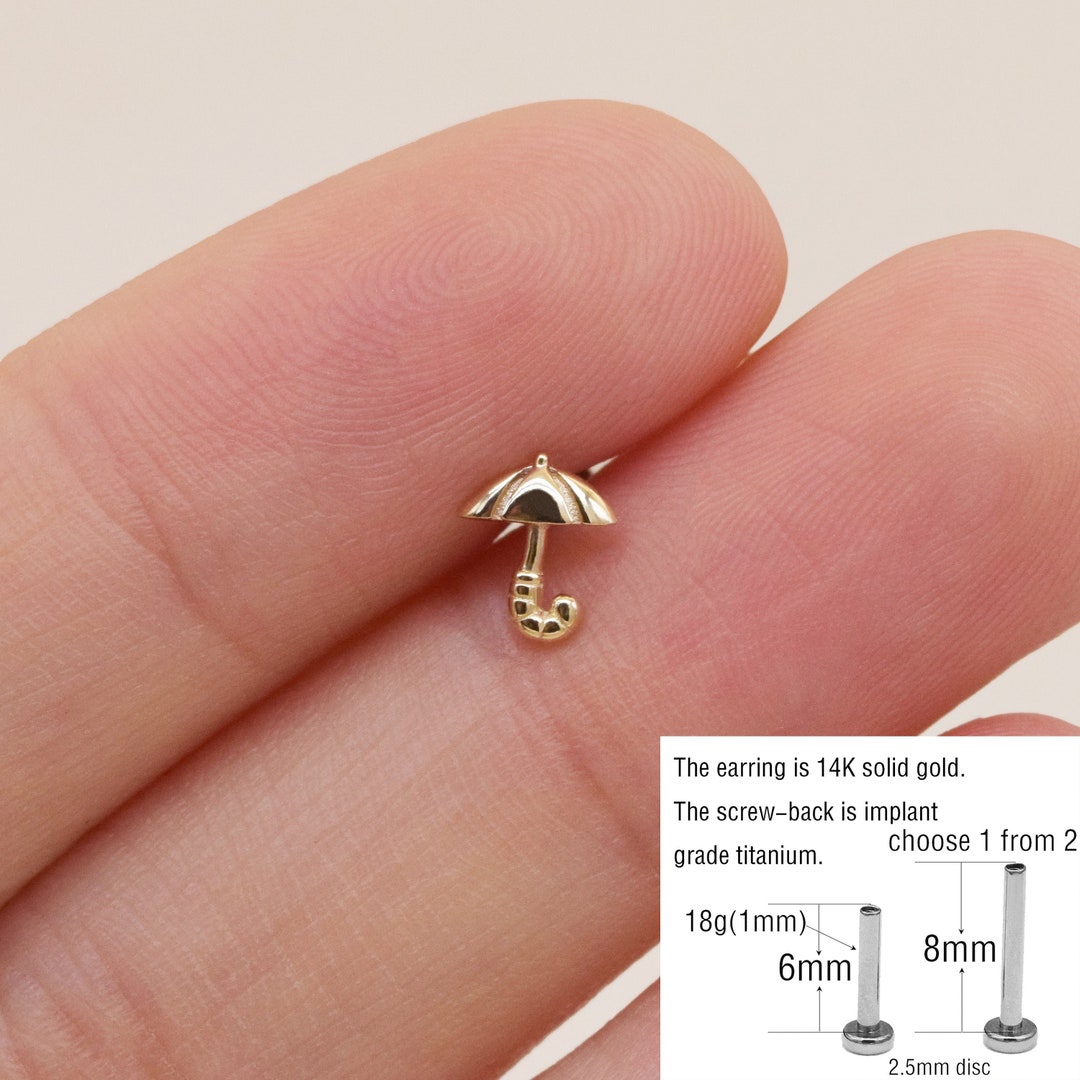 14k Solid Gold Umbrella Stud Earring Dainty Internally Threaded Cartilage Stud Tiny Conch Stud ...