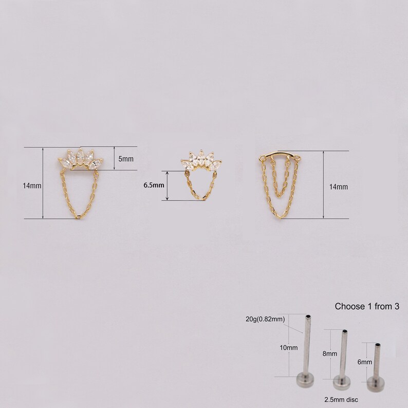 14k Solid Gold Cubic Crown Cartilage Stud Dangle Chain Stud Conch ...