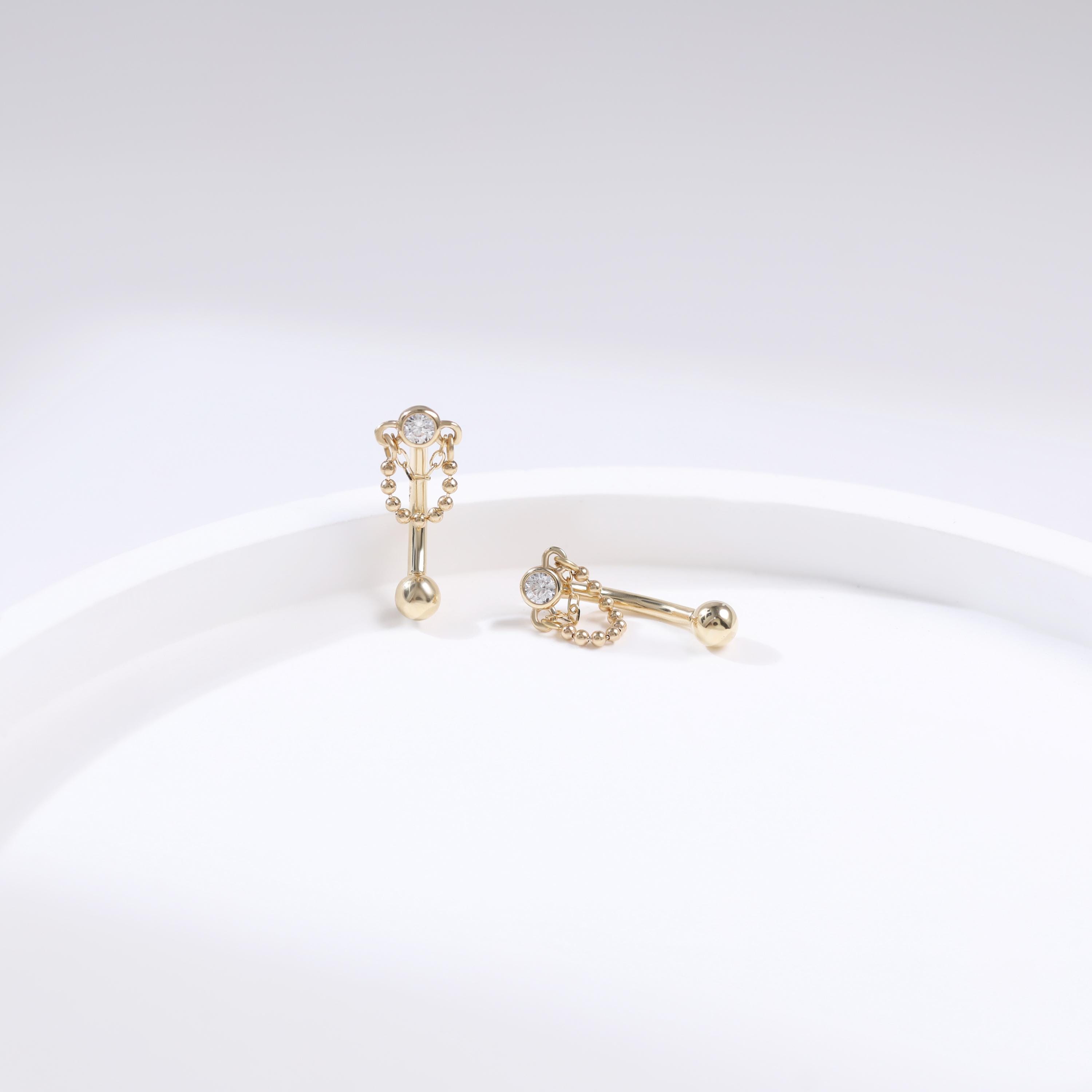 14K Solid Gold Dangle Double Chain Rook Piercing: Internally Threaded ...