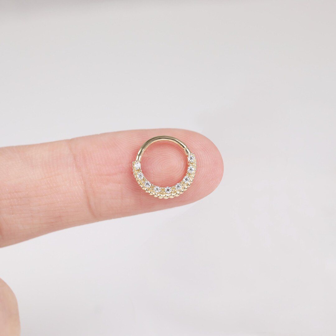 14k Solid Gold Beaded Diamond Cluster Daith Ring Clear CZ Septum Nose ...
