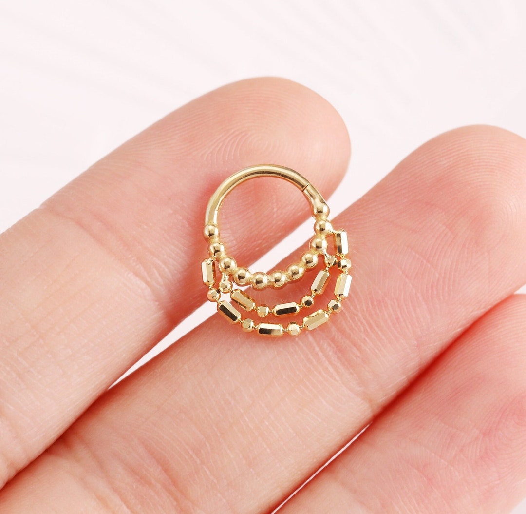 14k Solid Gold Beaded Dangle Chain Daith Cartilage Hoop Double Chain ...